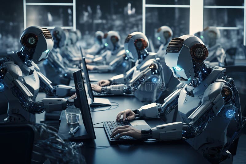 Ai Robots Using Multiple Computers Working Monitoring Data In Office Generative Ai Stock