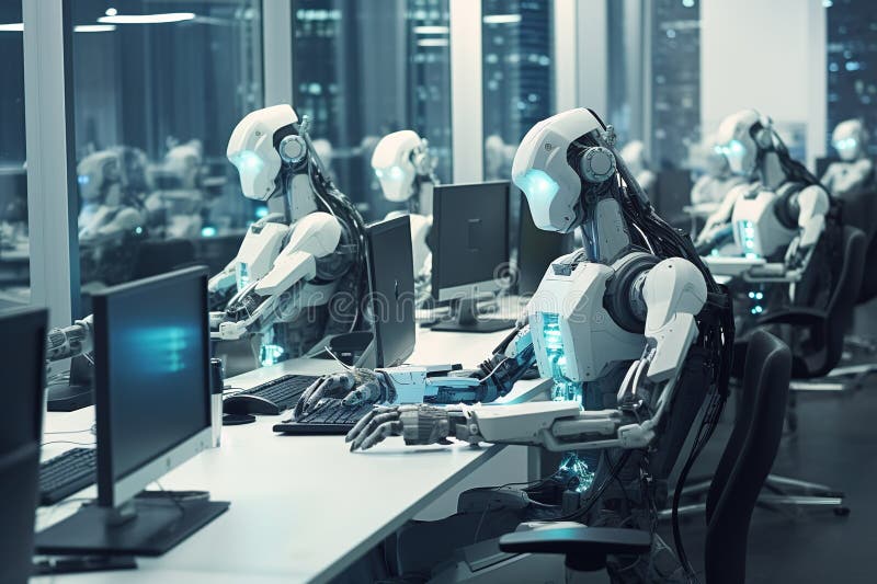 AI Robots Using Multiple Computers Working Monitoring Data in Office Generative AI Stock ...