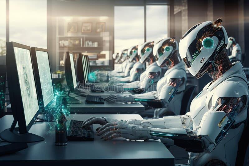 AI Robots Using Multiple Computers Working Monitoring Data in Office ...
