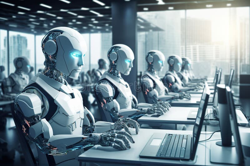 AI Robots Using Multiple Computers Working Monitoring Data in Office ...
