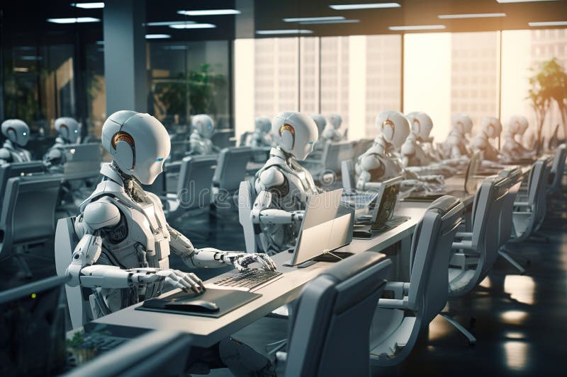 AI Robots Using Multiple Computers Working Monitoring Data in Office Generative AI Stock ...