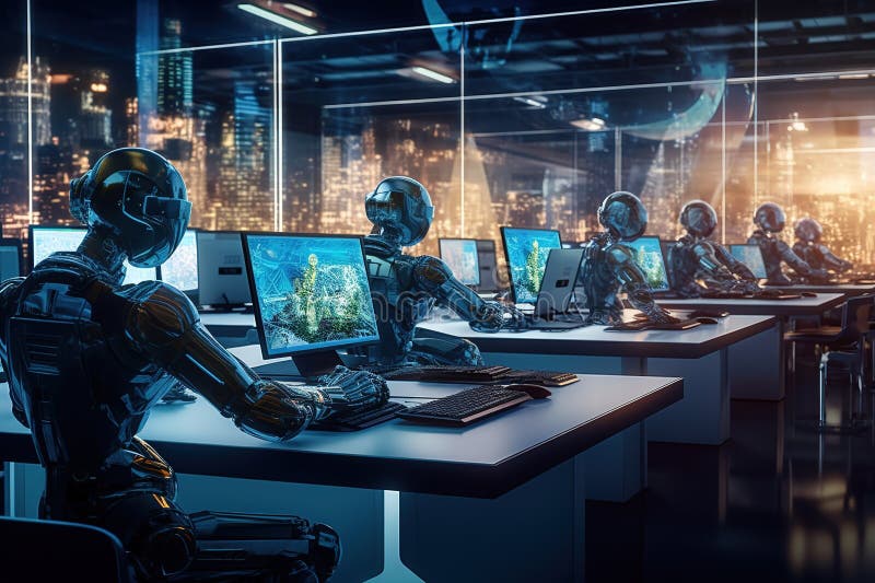AI Robots Using Multiple Computers Working Monitoring Data in Office ...