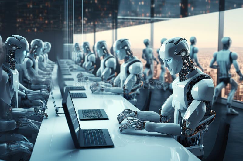 Ai Robots Using Multiple Computers Working Monitoring Data In Office