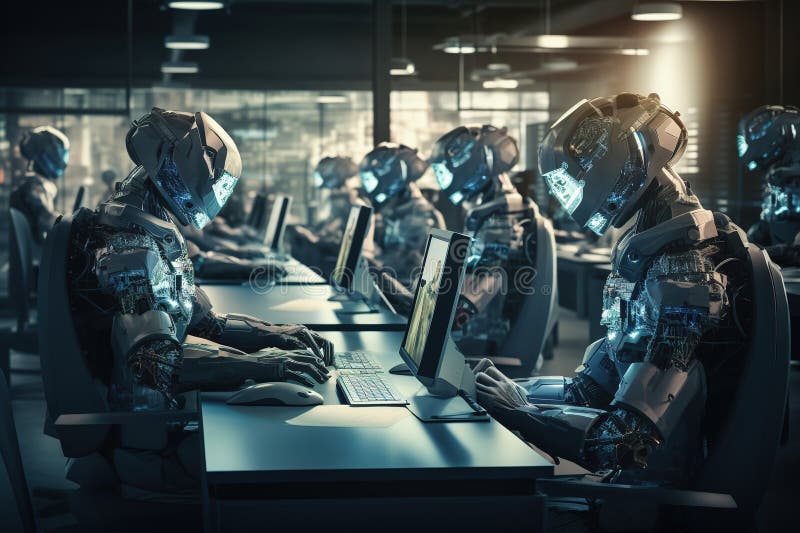 AI Robots Using Multiple Computers Working Monitoring Data in Office Generative AI Stock ...