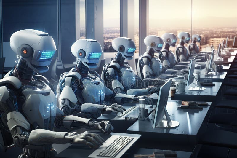 AI Robots Using Multiple Computers Working Monitoring Data in Office Generative AI Stock ...