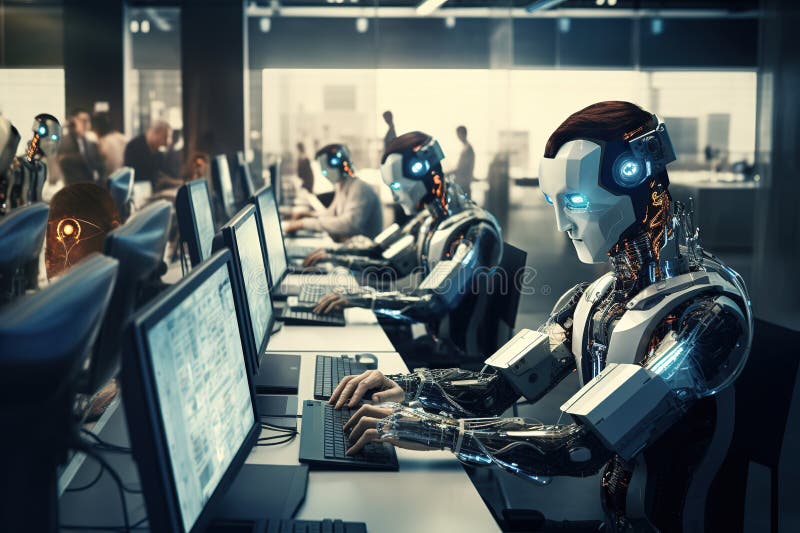 AI Robots Using Multiple Computers Working Monitoring Data in Office Generative AI Stock ...