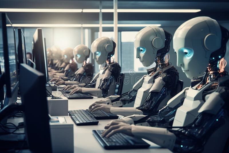 AI Robots Using Multiple Computers Working Monitoring Data in Office ...
