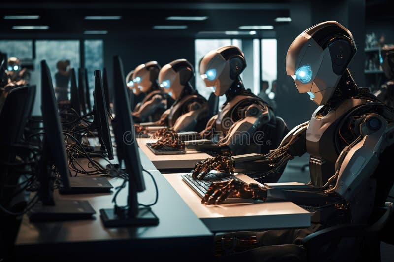 AI Robots Using Multiple Computers Working Monitoring Data in Office Generative AI Stock ...