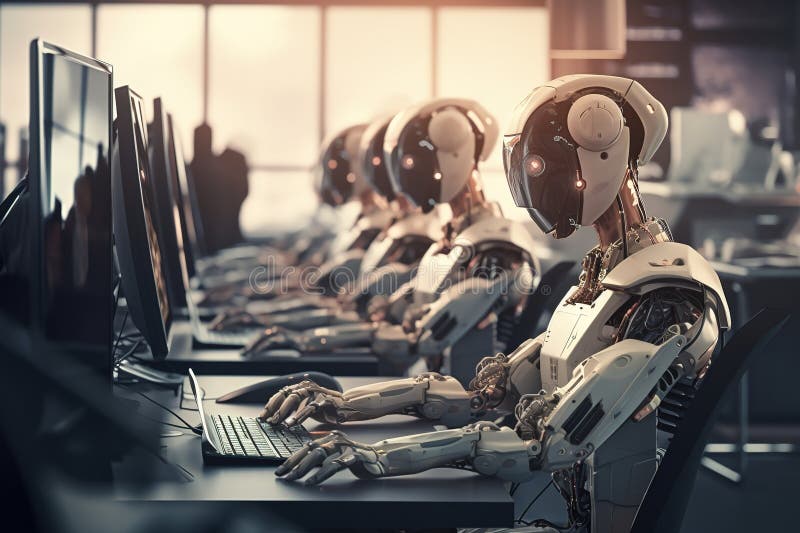 AI Robots Using Multiple Computers Working Monitoring Data in Office Generative AI Stock ...