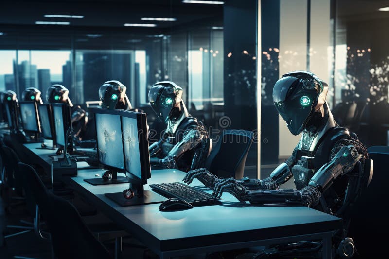 AI Robots Using Multiple Computers Working Monitoring Data in Office Generative AI Stock ...