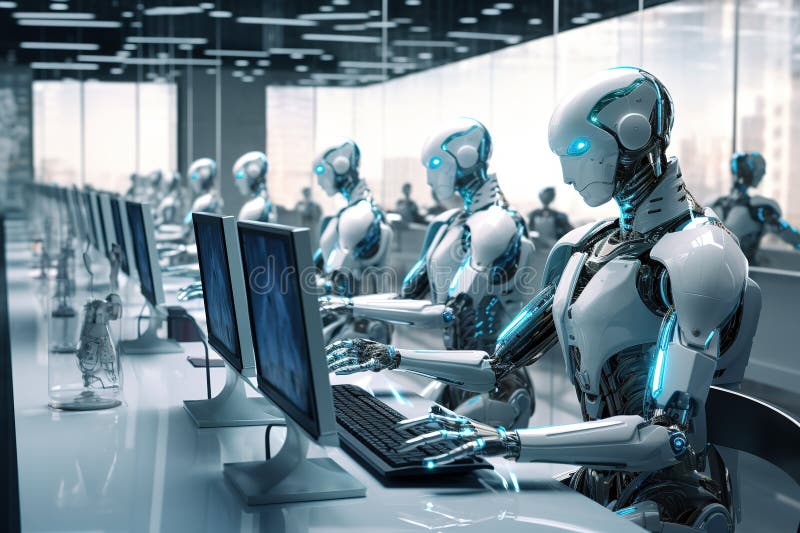 AI Robots Using Multiple Computers Working Monitoring Data in Office ...