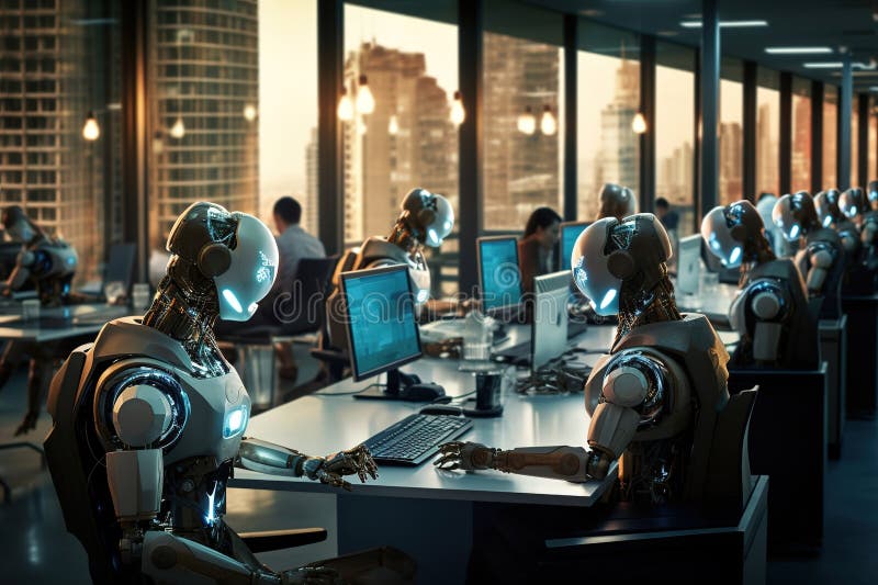 AI Robots Using Multiple Computers Working Monitoring Data in Office ...