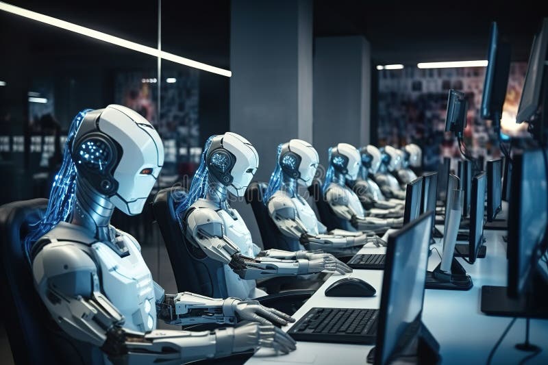 Ai Robots Using Multiple Computers Working Monitoring Data In Office Generative Ai Stock