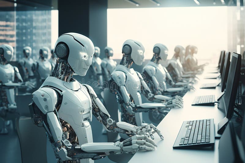 Ai Robots Using Multiple Computers Working Monitoring Data In Office Generative Ai Stock