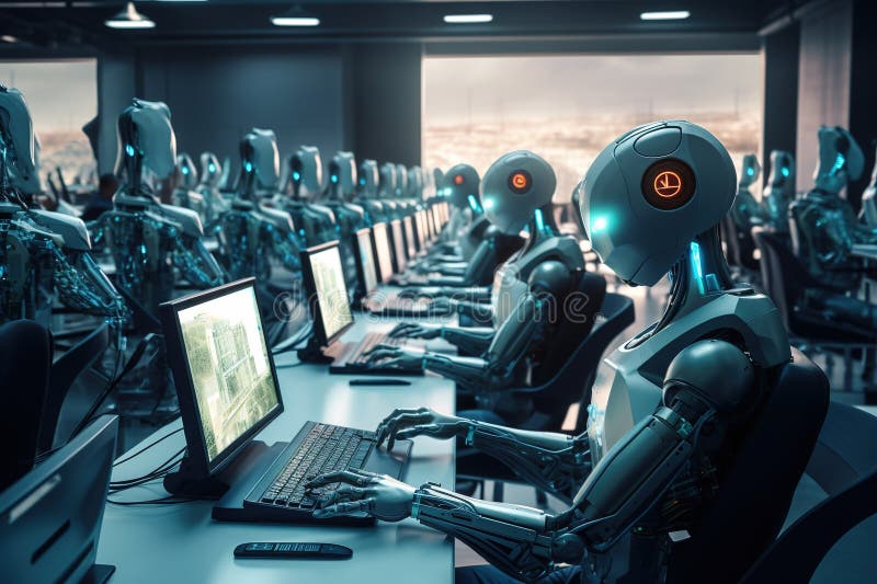 AI Robots Using Multiple Computers Working Monitoring Data in Office ...