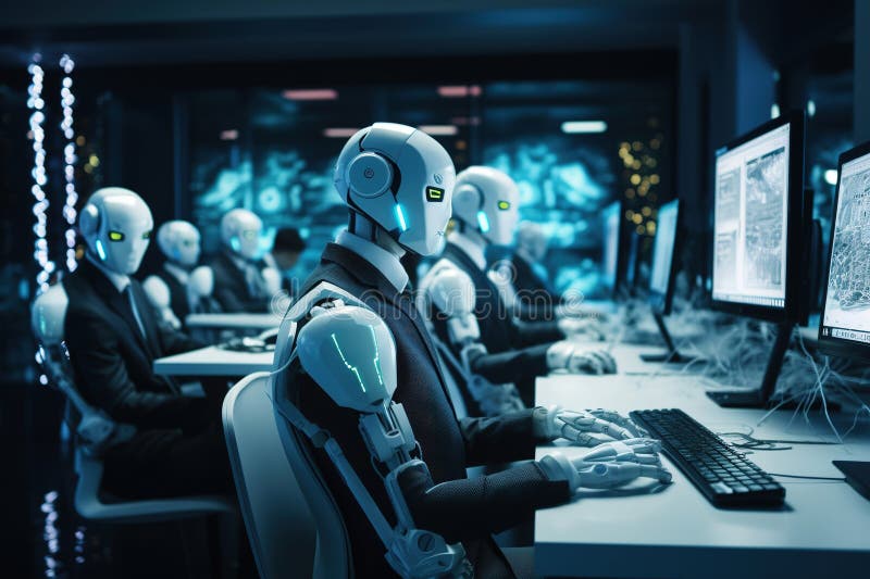 AI Robots Using Multiple Computers Working Monitoring Data in Office ...