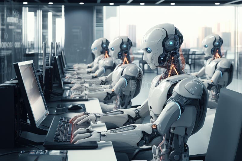 AI Robots Using Multiple Computers Working Monitoring Data in Office Generative AI Stock ...