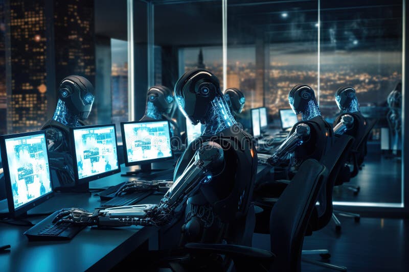 Ai Robots Using Multiple Computers Working Monitoring Data In Office Generative Ai Stock
