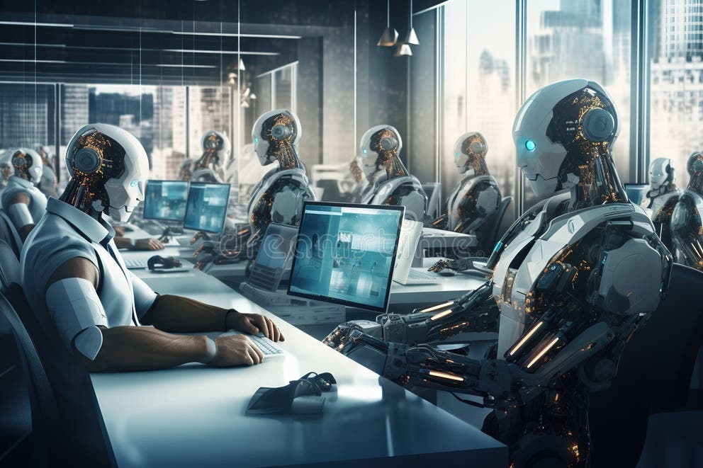 AI Robots Using Multiple Computers Working Monitoring Data in Office ...