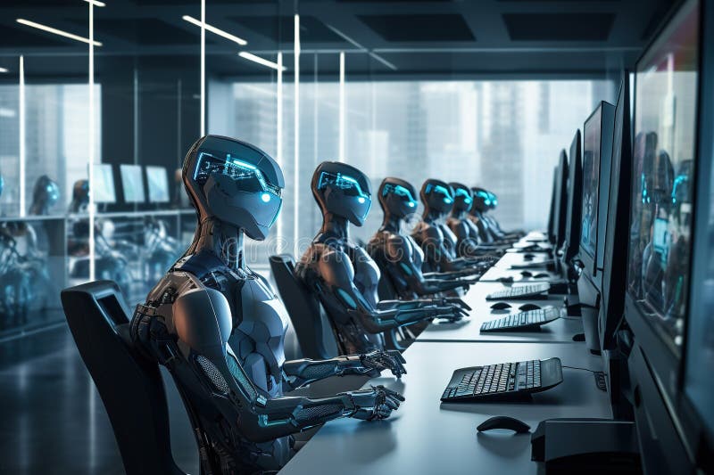 AI Robots Using Multiple Computers Working Monitoring Data in Office Generative AI Stock ...