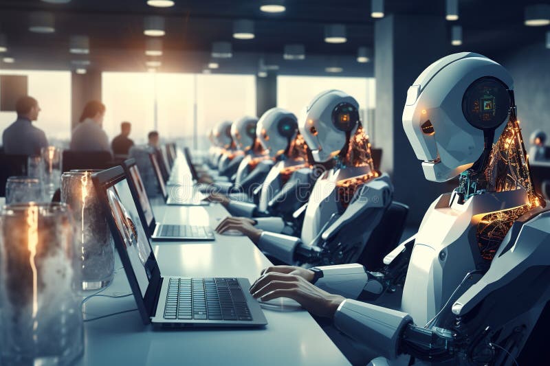 AI Robots Using Multiple Computers Working Monitoring Data in Office ...