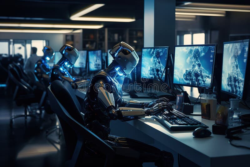 Ai Robots Using Multiple Computers Working Monitoring Data In Office