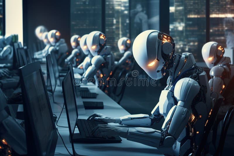 AI Robots Using Multiple Computers Working Monitoring Data in Office ...