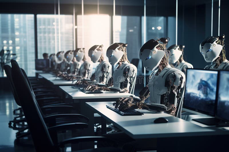 AI Robots Using Multiple Computers Working Monitoring Data in Office ...