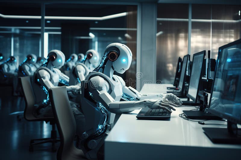 AI Robots Using Multiple Computers Working Monitoring Data in Office ...