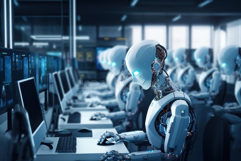 AI Robots Using Multiple Computers Working Monitoring Data in Office ...
