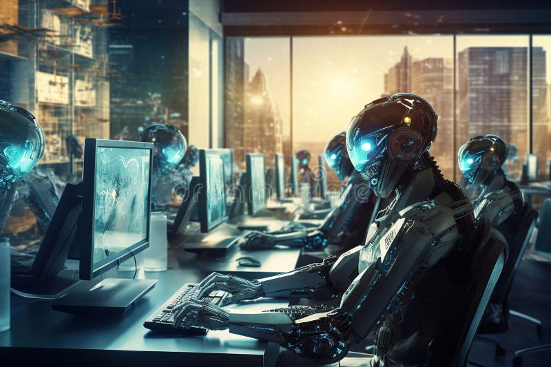 AI Robots Using Multiple Computers Working Monitoring Data in Office ...