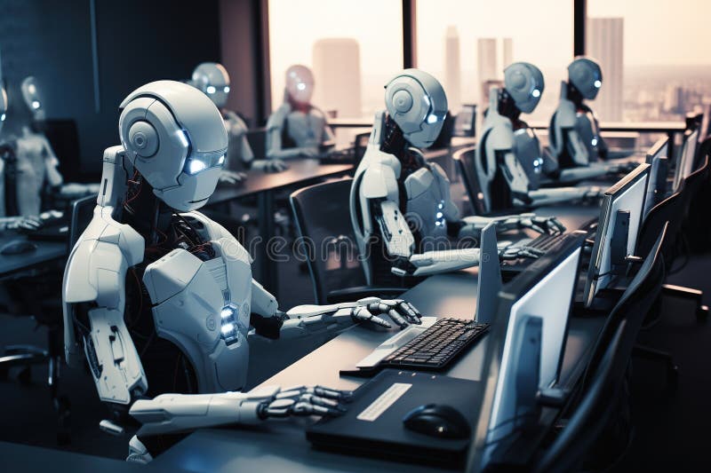 AI Robots Using Multiple Computers Working Monitoring Data in Office ...