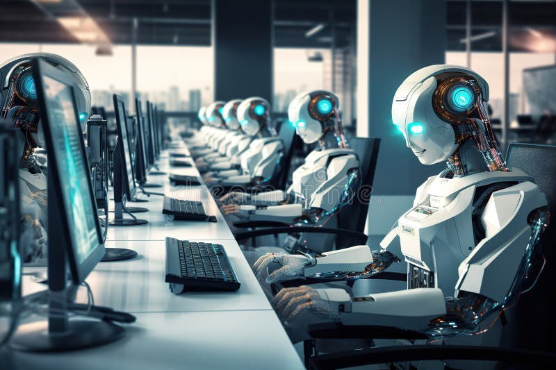 AI Robots Using Multiple Computers Working Monitoring Data in Office Generative AI Stock ...