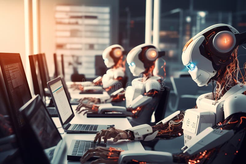 AI Robots Using Multiple Computers Working Monitoring Data in Office Generative AI Stock ...