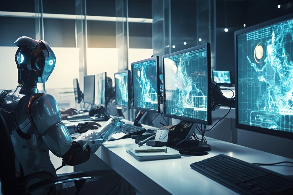 AI Robots Using Multiple Computers Working Monitoring Data in Office ...