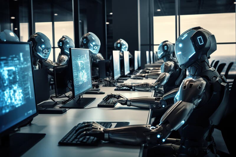 AI Robots Using Multiple Computers Working Monitoring Data in Office ...
