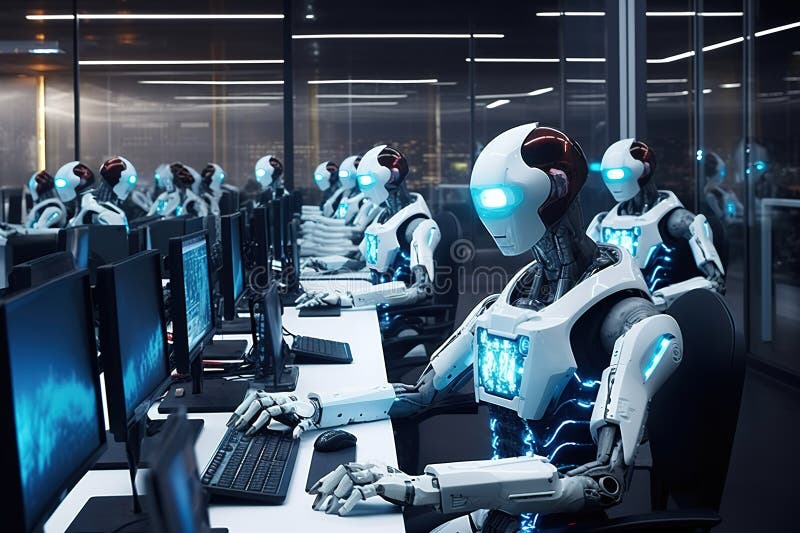 AI Robots Using Multiple Computers Working Monitoring Data in Office Generative AI Stock ...