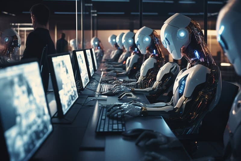 AI Robots Using Multiple Computers Working Monitoring Data in Office ...