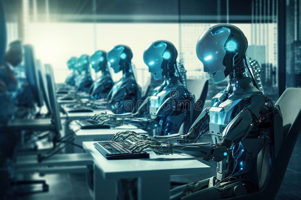 AI Robots Using Multiple Computers Working Monitoring Data in Office ...
