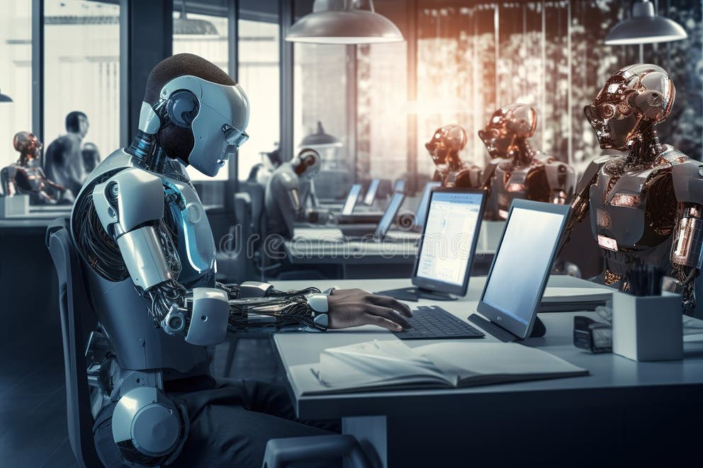 AI Robots Using Multiple Computers Working Monitoring Data in Office ...