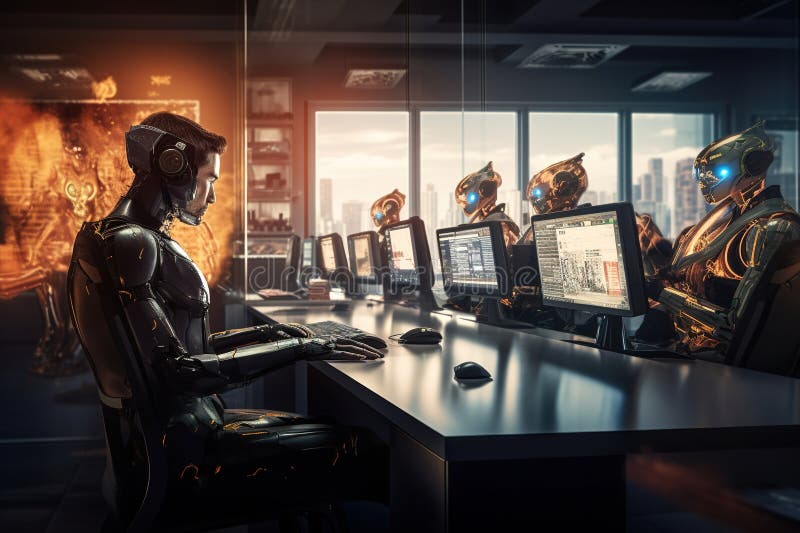 AI Robots Using Multiple Computers Working Monitoring Data in Office Generative AI Stock ...