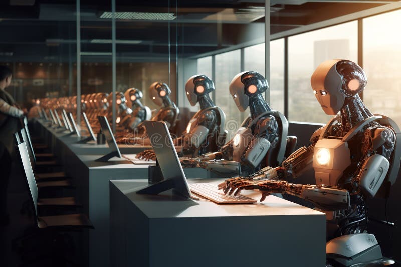Ai Robots Using Multiple Computers Working Monitoring Data In Office Generative Ai Stock