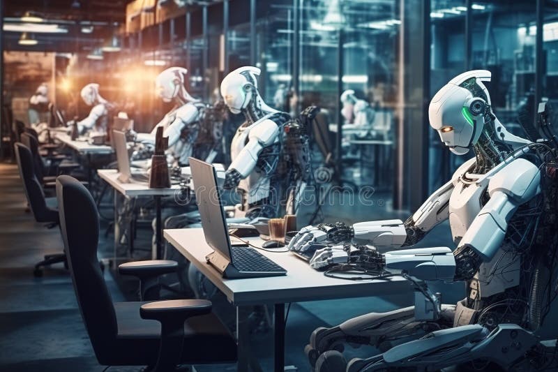 AI Robots Using Multiple Computers Working Monitoring Data in Office ...