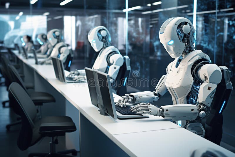 AI Robots Using Multiple Computers Working Monitoring Data in Office Generative AI Stock ...