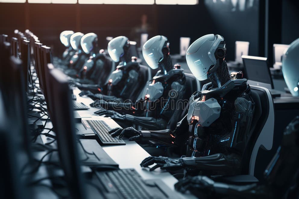 AI Robots Using Multiple Computers Working Monitoring Data in Office ...