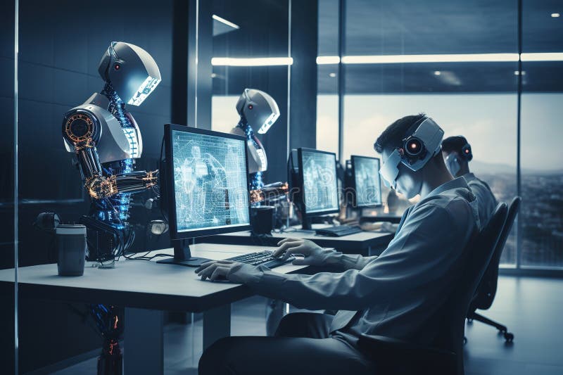 AI Robots Using Multiple Computers Working Monitoring Data in Office Generative AI Stock ...