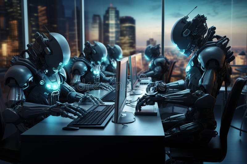 Ai Robots Using Multiple Computers Working Monitoring Data In Office Generative Ai Stock