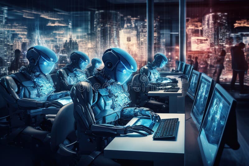 AI Robots Using Multiple Computers Working Monitoring Data in Office ...
