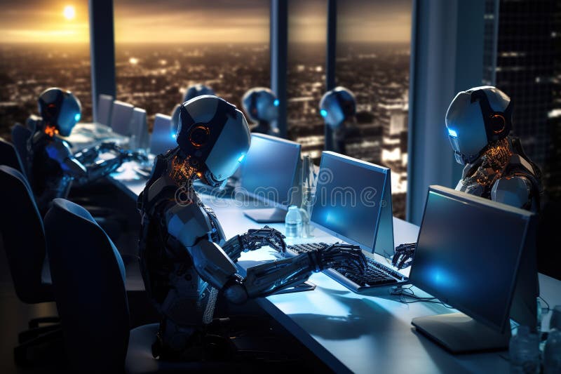 AI Robots Using Multiple Computers Working Monitoring Data in Office ...