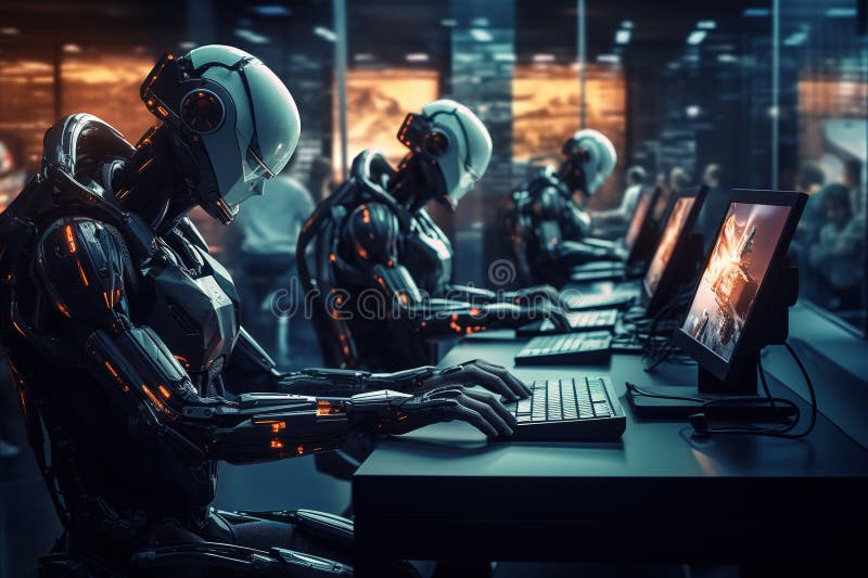 Ai Robots Using Multiple Computers Working Monitoring Data In Office